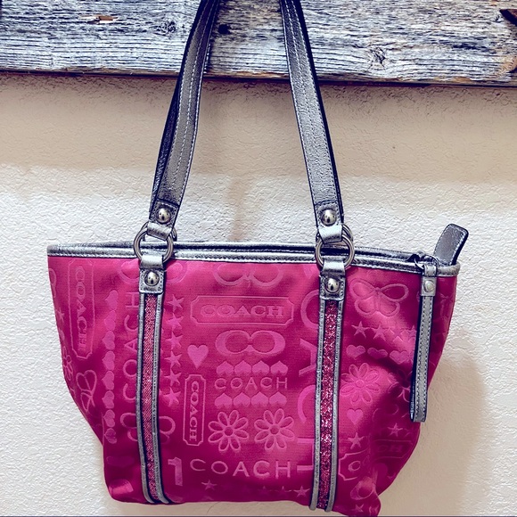 Coach | Bags | Coach Canvas Pink And Silverpink Sparkle Purse | Poshmark